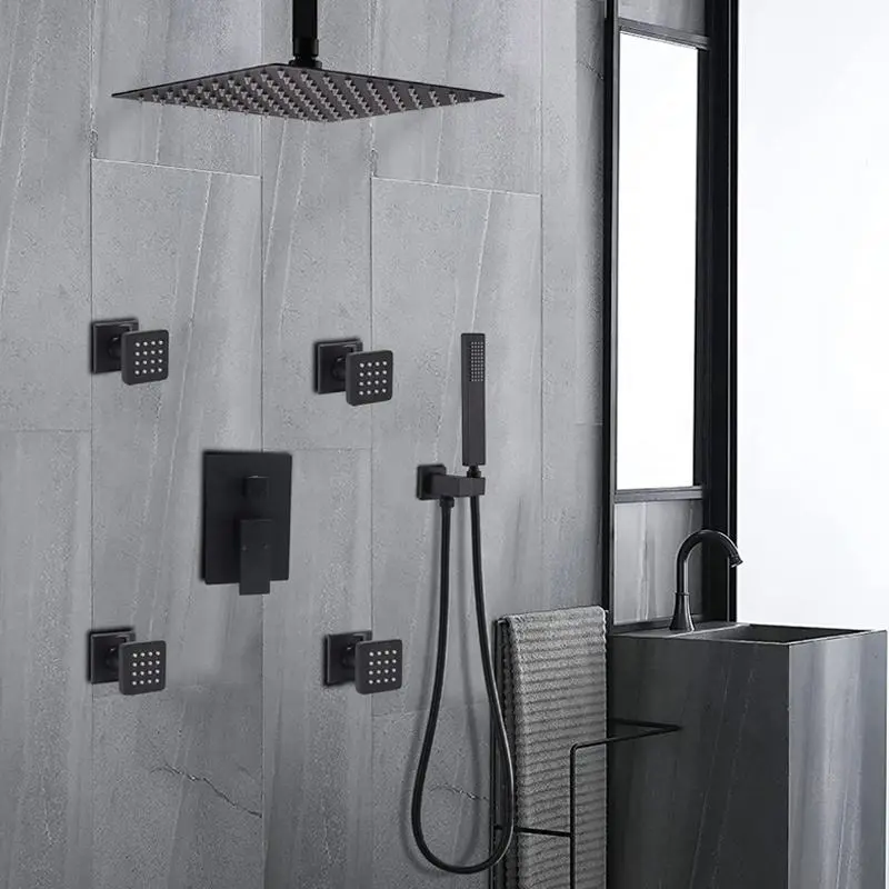 Black In Wall Mounted Bathroom Taps Brass Kits Rain Rainfall Showerset